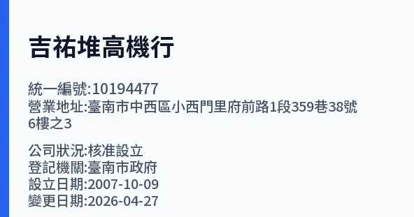 吉祐堆高機行的照片-統編 10194477(臺南市) 公司登記資料與營業項目詳細圖表