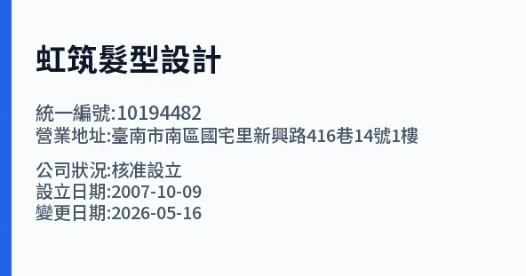 虹筑髮型設計的照片-統編 10194482(臺南市) 公司登記資料與營業項目詳細圖表