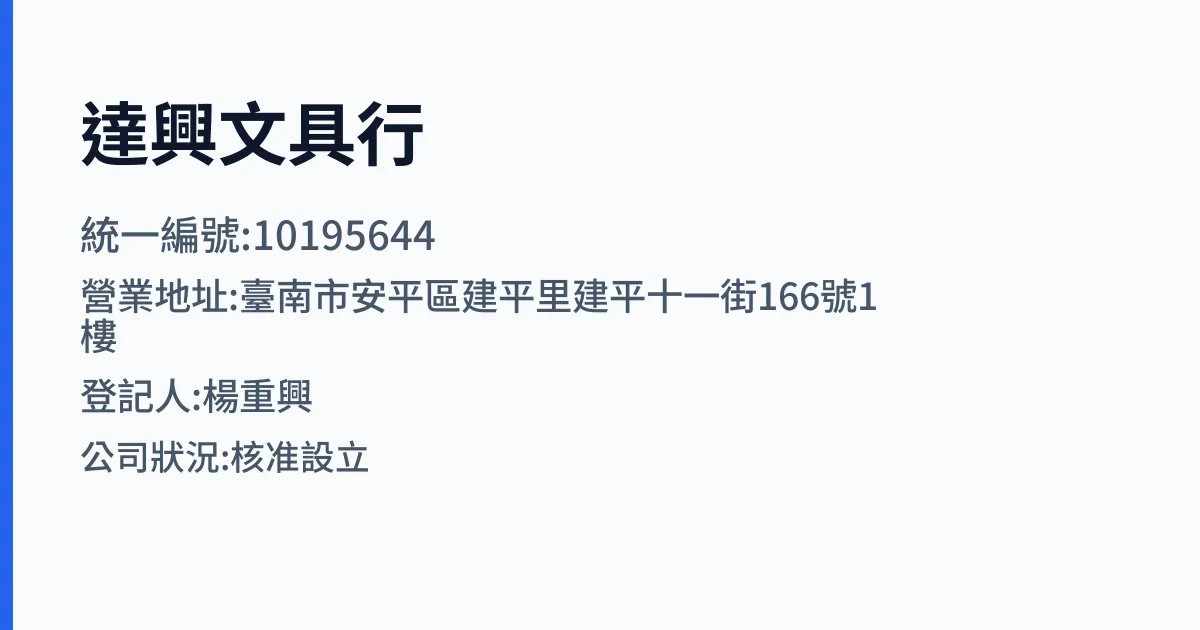達興文具行 - 統編 10195644(臺南市) 公司登記資料與營業項目詳細圖表