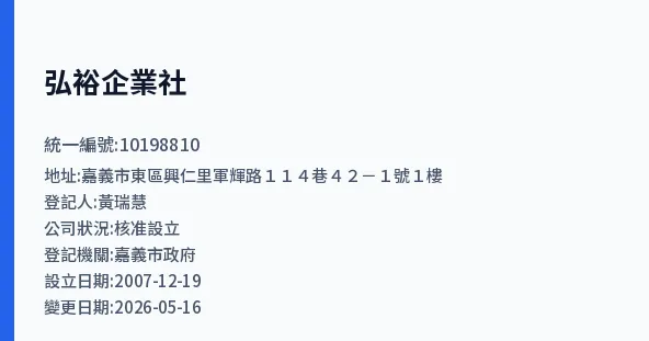 弘裕企業社的照片-統編 10198810(嘉義市) 公司登記資料與營業項目詳細圖表
