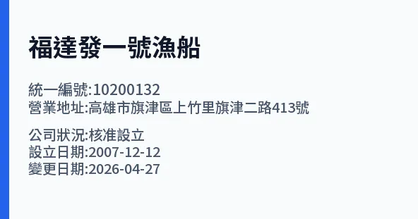 福達發一號漁船的照片-統編 10200132(高雄市) 公司登記資料與營業項目詳細圖表