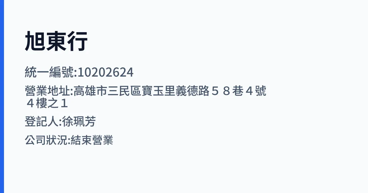 旭東行 - 統編 10202624(高雄市) 公司登記資料與營業項目詳細圖表
