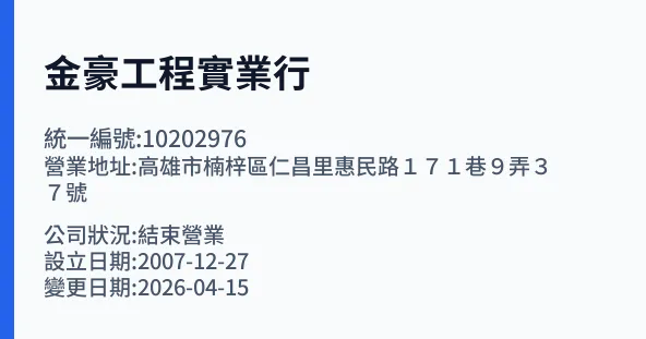 金豪工程實業行的照片-統編 10202976(高雄市) 公司登記資料與營業項目詳細圖表