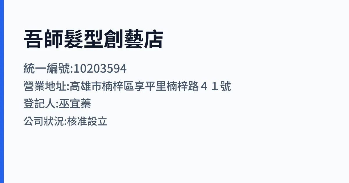 吾師髮型創藝店 - 統編 10203594(高雄市) 公司登記資料與營業項目詳細圖表