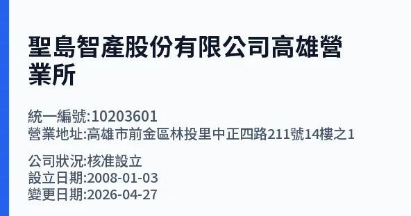 聖島智產股份有限公司高雄營業所的照片-統編 10203601(高雄市) 公司登記資料與營業項目詳細圖表