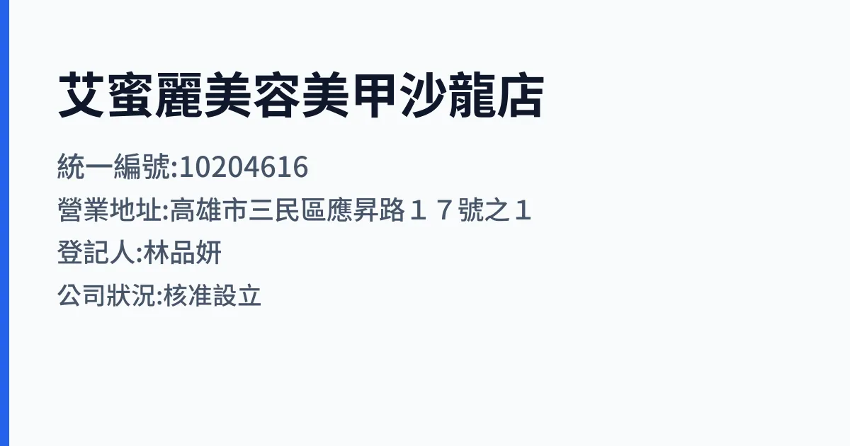 艾蜜麗美容美甲沙龍店 - 統編 10204616(高雄市) 公司登記資料與營業項目詳細圖表