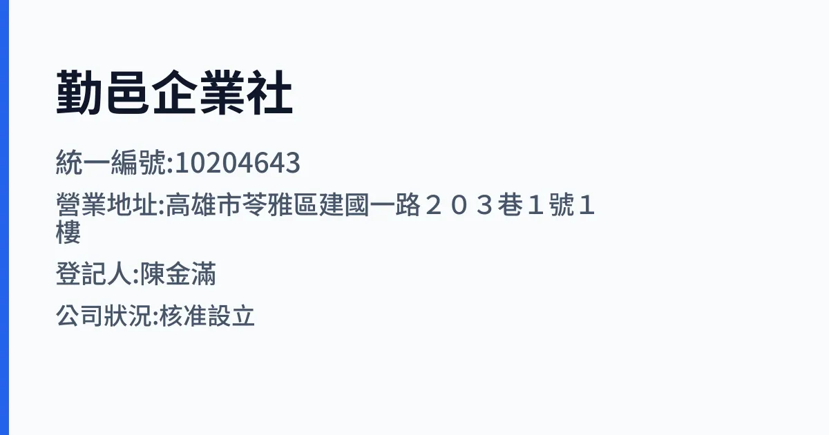 勤邑企業社 - 統編 10204643(高雄市) 公司登記資料與營業項目詳細圖表