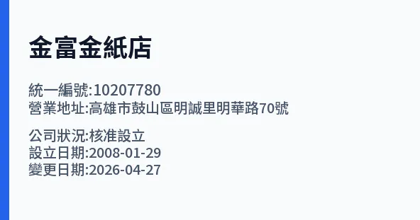 金富金紙店的照片-統編 10207780(高雄市) 公司登記資料與營業項目詳細圖表