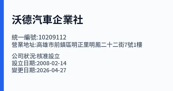 沃德汽車企業社的照片-統編 10209112(高雄市) 公司登記資料與營業項目詳細圖表