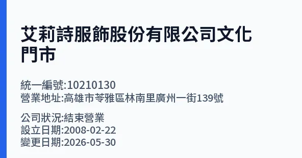 艾莉詩服飾股份有限公司文化門市的照片-統編 10210130(高雄市) 公司登記資料與營業項目詳細圖表