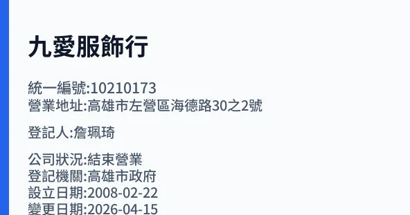 九愛服飾行的照片-統編 10210173(高雄市) 公司登記資料與營業項目詳細圖表