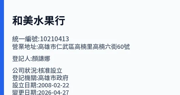 和美水果行的照片-統編 10210413(高雄市) 公司登記資料與營業項目詳細圖表