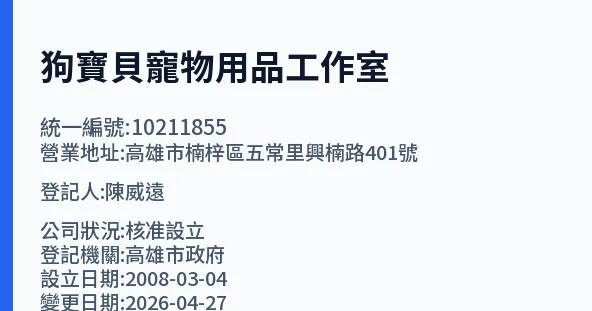 狗寶貝寵物用品工作室的照片-統編 10211855(高雄市) 公司登記資料與營業項目詳細圖表