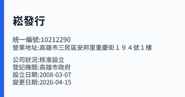 崧發行的照片-統編 10212290(高雄市) 公司登記資料與營業項目詳細圖表