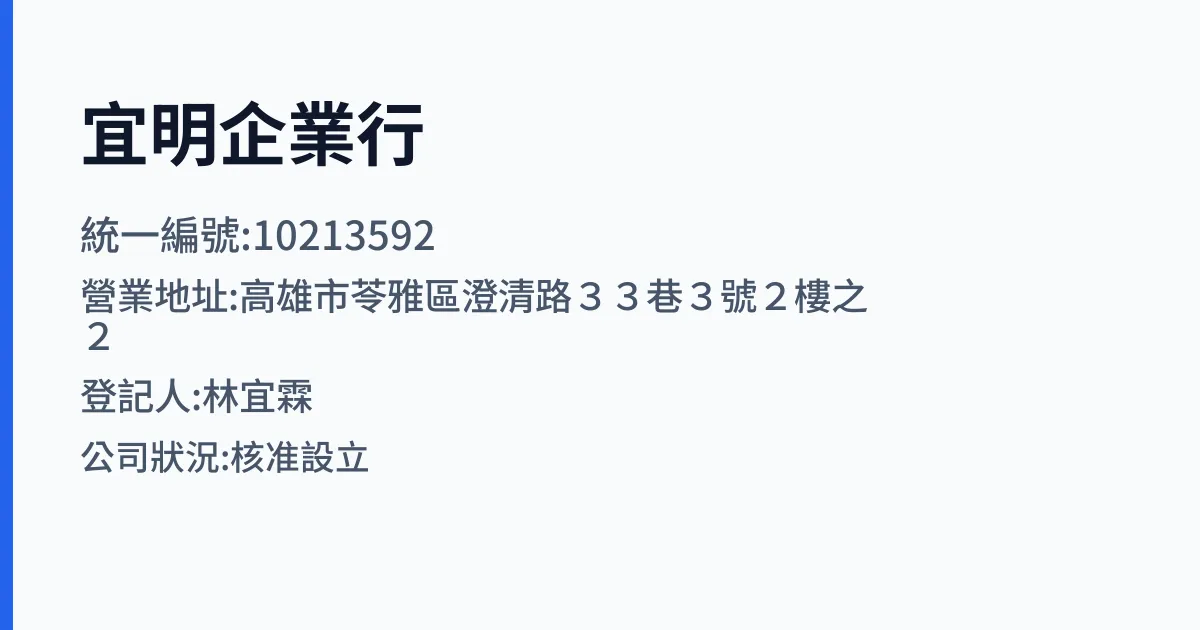 宜明企業行 - 統編 10213592(高雄市) 公司登記資料與營業項目詳細圖表