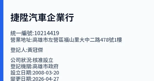 捷陞汽車企業行的照片-統編 10214419(高雄市) 公司登記資料與營業項目詳細圖表