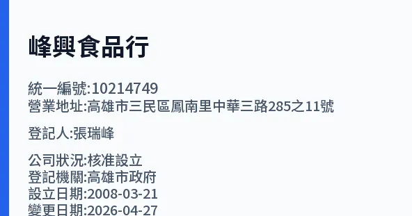 峰興食品行的照片-統編 10214749(高雄市) 公司登記資料與營業項目詳細圖表