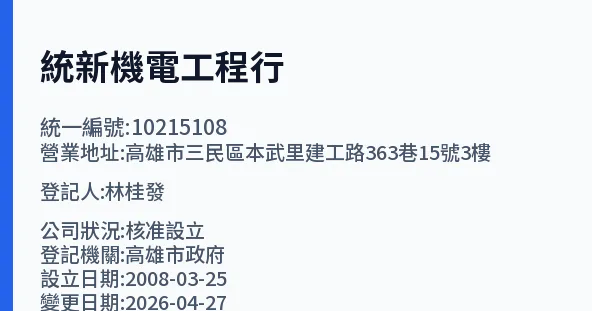 統新機電工程行的照片-統編 10215108(高雄市) 公司登記資料與營業項目詳細圖表