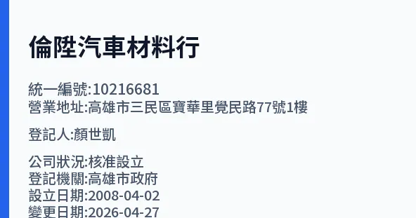 倫陞汽車材料行的照片-統編 10216681(高雄市) 公司登記資料與營業項目詳細圖表
