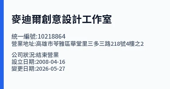 麥迪爾創意設計工作室的照片-統編 10218864(高雄市) 公司登記資料與營業項目詳細圖表