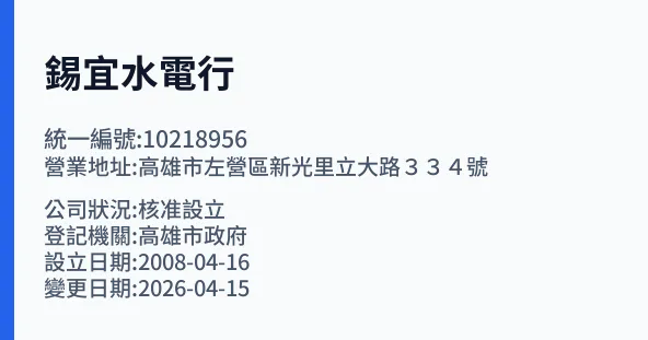 錫宜水電行的照片-統編 10218956(高雄市) 公司登記資料與營業項目詳細圖表