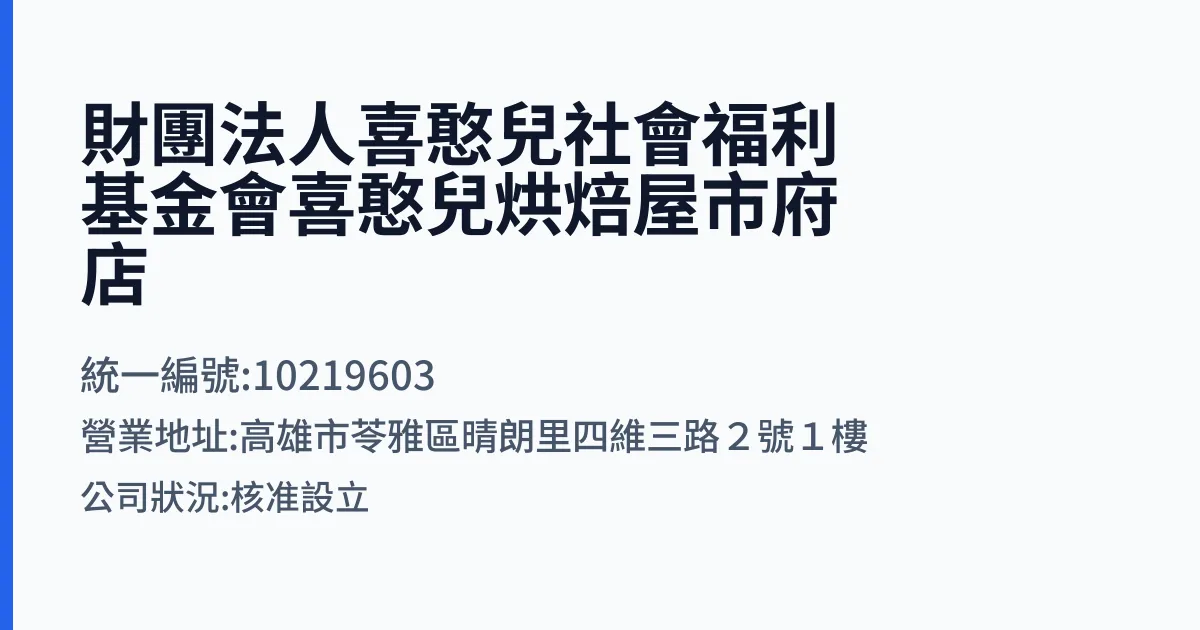 財團法人喜憨兒社會福利基金會喜憨兒烘焙屋市府店 - 統編 10219603(高雄市) 公司登記資料與營業項目詳細圖表