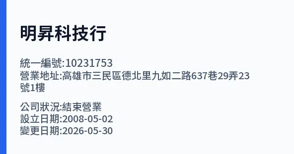 明昇科技行的照片-統編 10231753(高雄市) 公司登記資料與營業項目詳細圖表