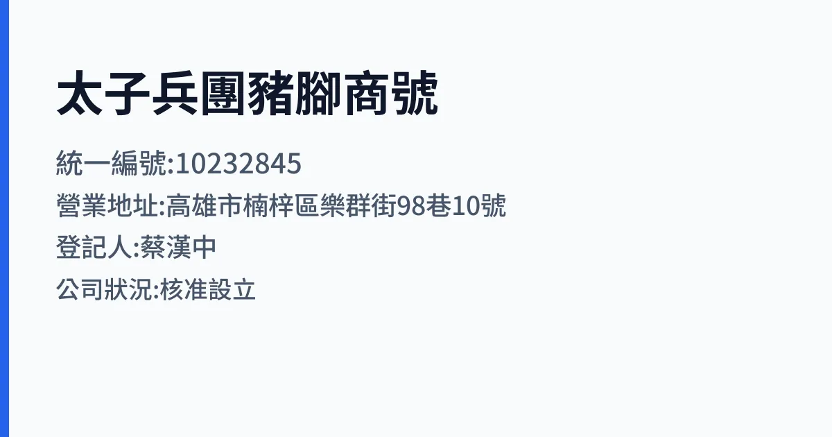 太子兵團豬腳商號 - 統編 10232845(高雄市) 公司登記資料與營業項目詳細圖表