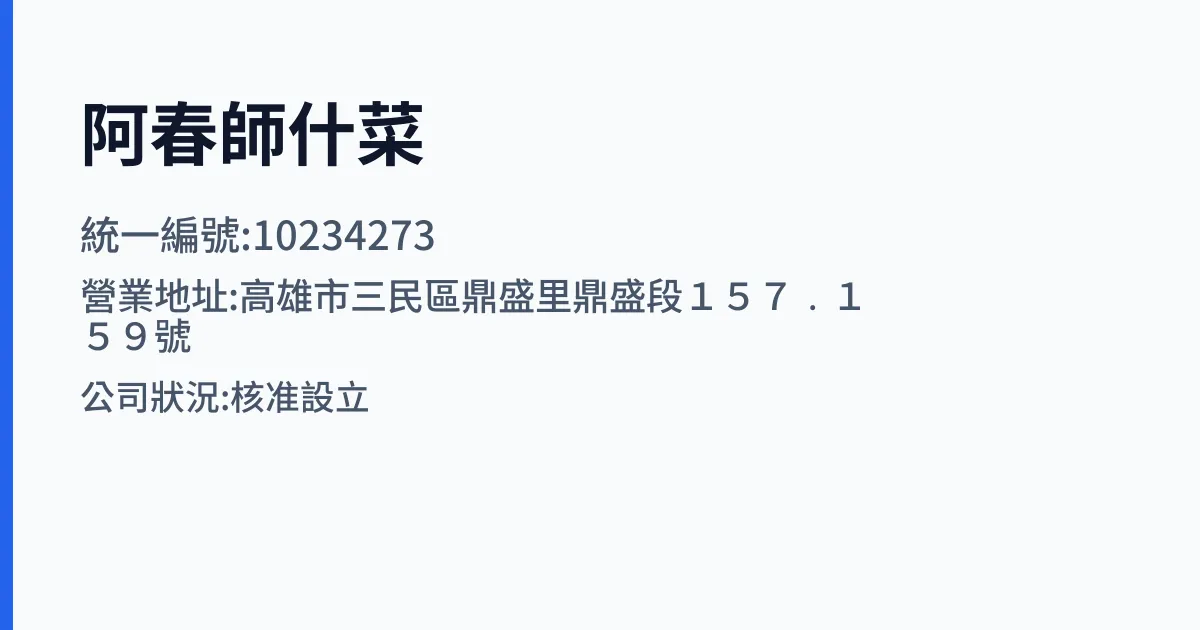 阿春師什菜 - 統編 10234273(高雄市) 公司登記資料與營業項目詳細圖表