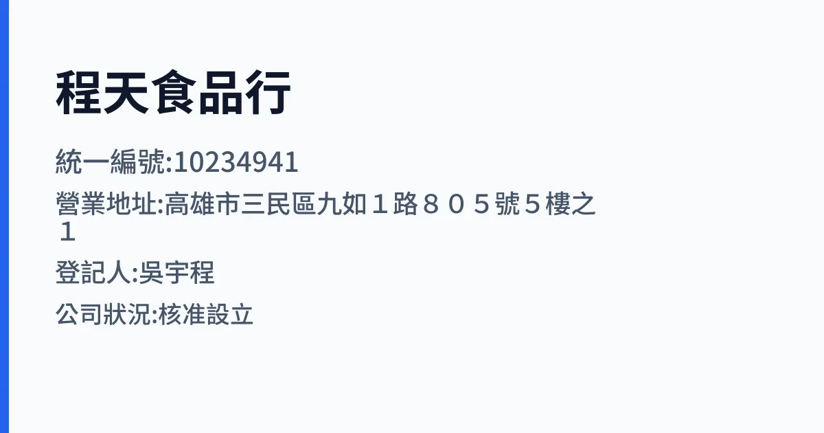 程天食品行 - 統編 10234941(高雄市) 公司登記資料與營業項目詳細圖表