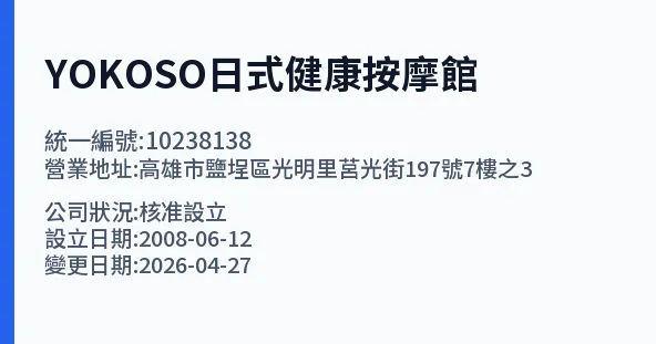 YOKOSO日式健康按摩館的照片-統編 10238138(高雄市) 公司登記資料與營業項目詳細圖表