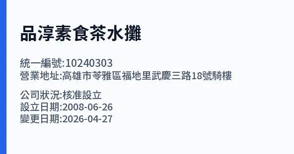 品淳素食茶水攤的照片-統編 10240303(高雄市) 公司登記資料與營業項目詳細圖表