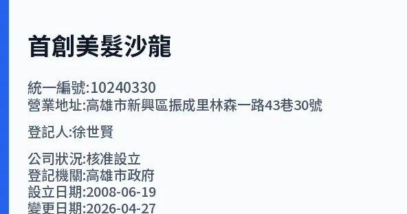 首創美髮沙龍的照片-統編 10240330(高雄市) 公司登記資料與營業項目詳細圖表