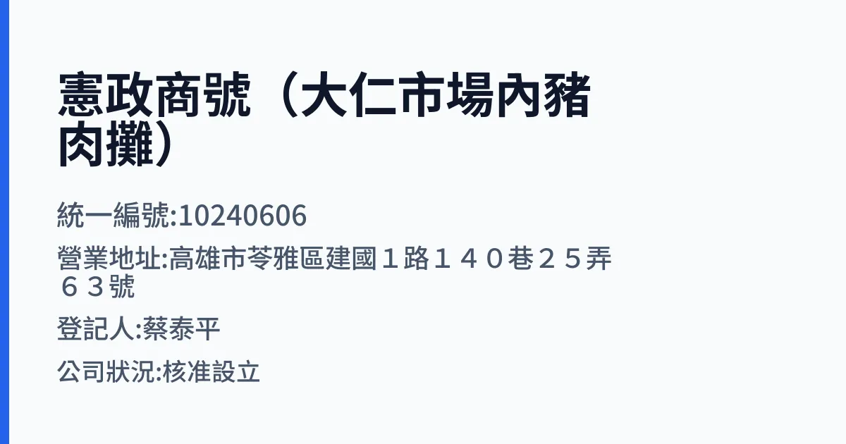 憲政商號（大仁市場內豬肉攤） - 統編 10240606(高雄市) 公司登記資料與營業項目詳細圖表