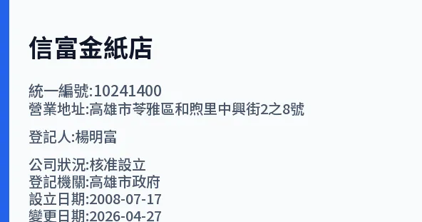 信富金紙店的照片-統編 10241400(高雄市) 公司登記資料與營業項目詳細圖表