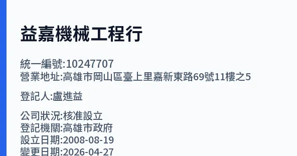 益嘉機械工程行的照片-統編 10247707(高雄市) 公司登記資料與營業項目詳細圖表