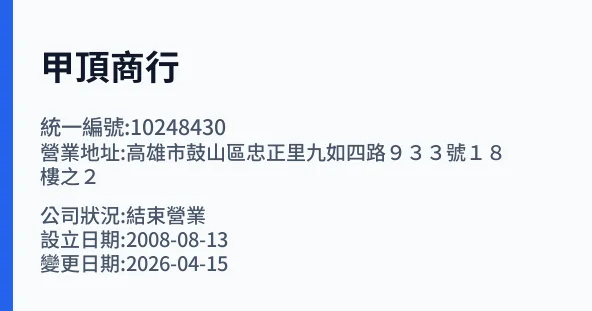 甲頂商行的照片-統編 10248430(高雄市) 公司登記資料與營業項目詳細圖表