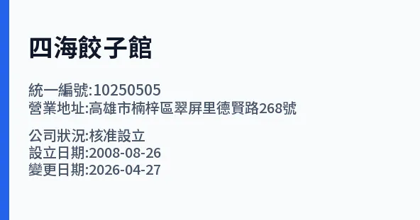 四海餃子館的照片-統編 10250505(高雄市) 公司登記資料與營業項目詳細圖表