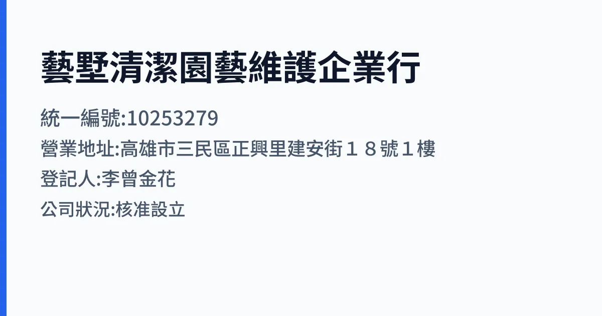 藝墅清潔園藝維護企業行 - 統編 10253279(高雄市) 公司登記資料與營業項目詳細圖表
