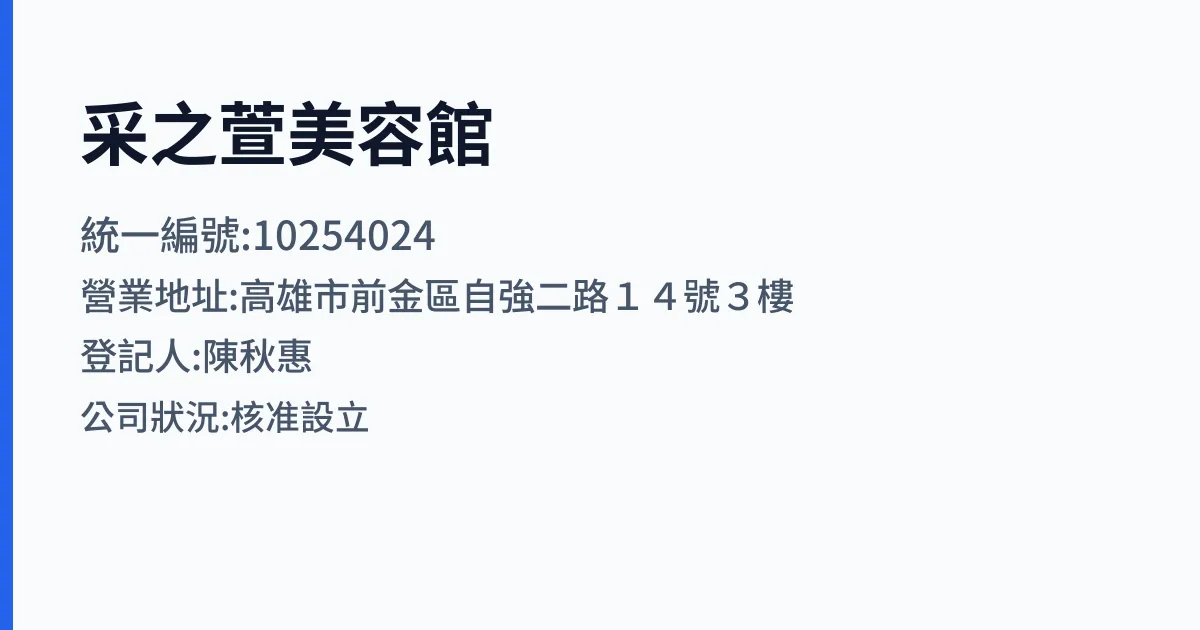 采之萱美容館 - 統編 10254024(高雄市) 公司登記資料與營業項目詳細圖表