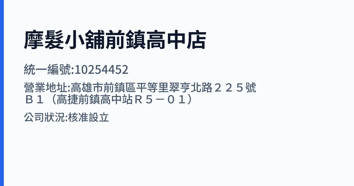 摩髮小舖前鎮高中店 - 統編 10254452(高雄市) 公司登記資料與營業項目詳細圖表