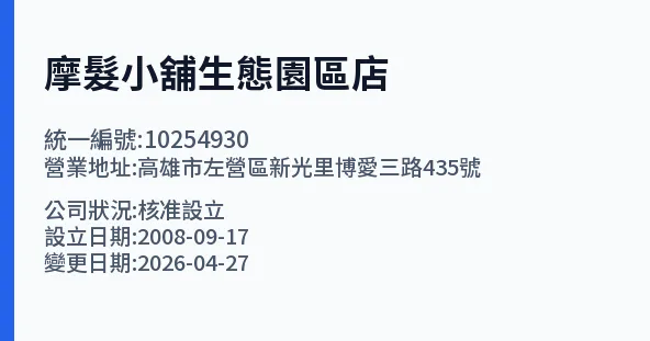 摩髮小舖生態園區店的照片-統編 10254930(高雄市) 公司登記資料與營業項目詳細圖表