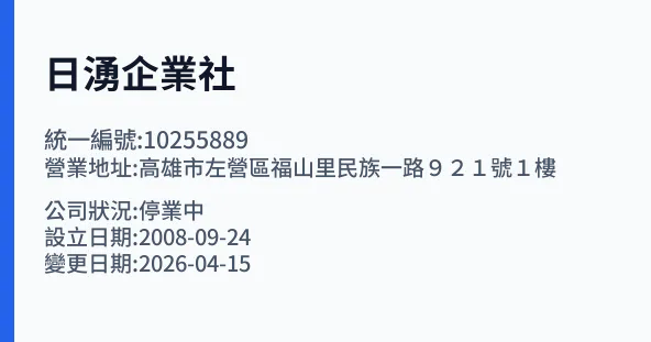 日湧企業社的照片-統編 10255889(高雄市) 公司登記資料與營業項目詳細圖表
