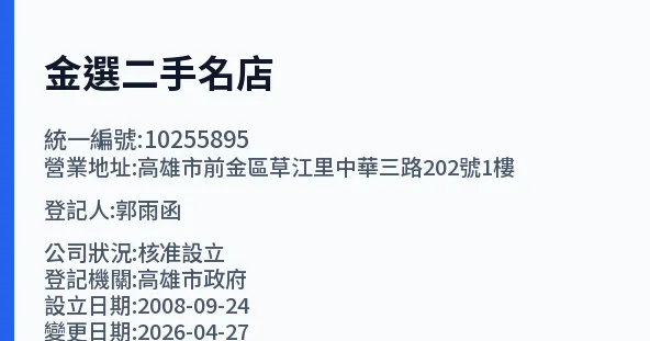 金選二手名店的照片-統編 10255895(高雄市) 公司登記資料與營業項目詳細圖表