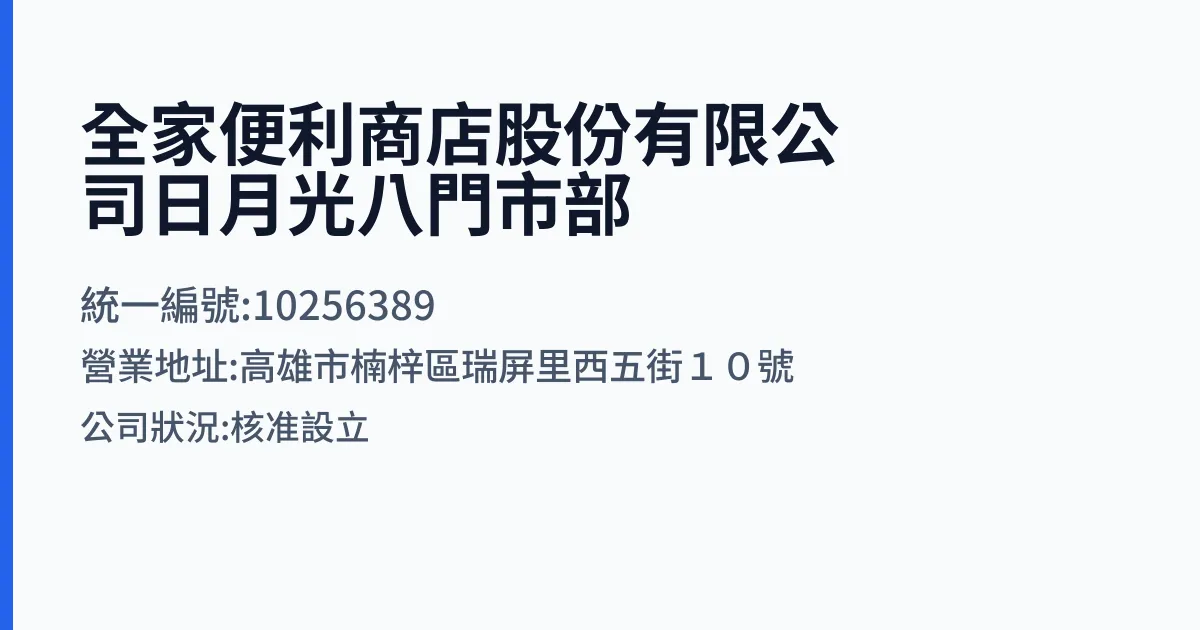 全家便利商店股份有限公司日月光八門市部 - 統編 10256389(高雄市) 公司登記資料與營業項目詳細圖表