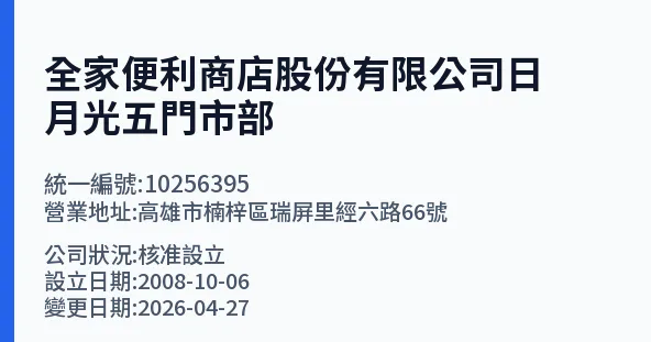 全家便利商店股份有限公司日月光五門市部的照片-統編 10256395(高雄市) 公司登記資料與營業項目詳細圖表