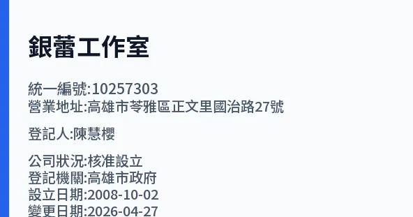 銀蕾工作室的照片-統編 10257303(高雄市) 公司登記資料與營業項目詳細圖表