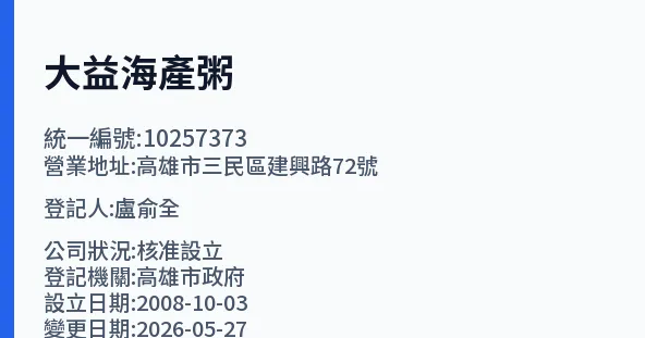 大益海產粥的照片-統編 10257373(高雄市) 公司登記資料與營業項目詳細圖表