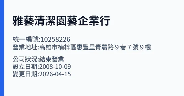 雅藝清潔園藝企業行的照片-統編 10258226(高雄市) 公司登記資料與營業項目詳細圖表
