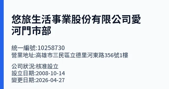 悠旅生活事業股份有限公司愛河門市部的照片-統編 10258730(高雄市) 公司登記資料與營業項目詳細圖表